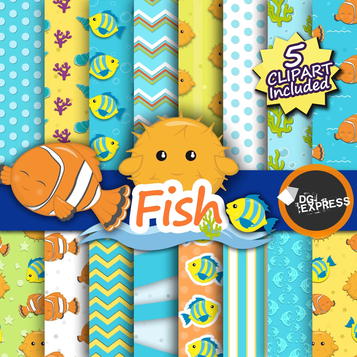 Fish Clipart Digital Paper: fish Paper Pet | Etsy
