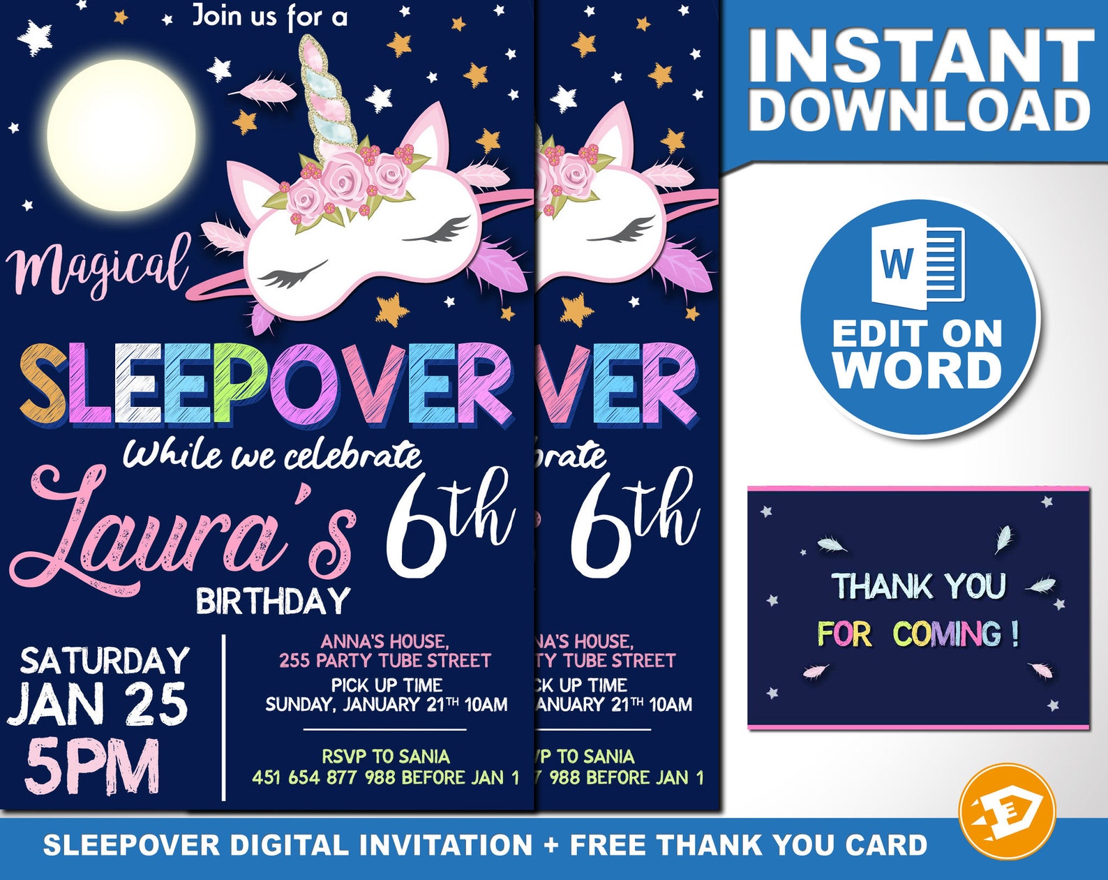 Unicorn Sleepover Party Invitation Pajama Invitation Pajama Etsy