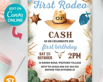 Editable First Rodeo Invitation With Back, Boy Rodeo 1st Birthday ...
