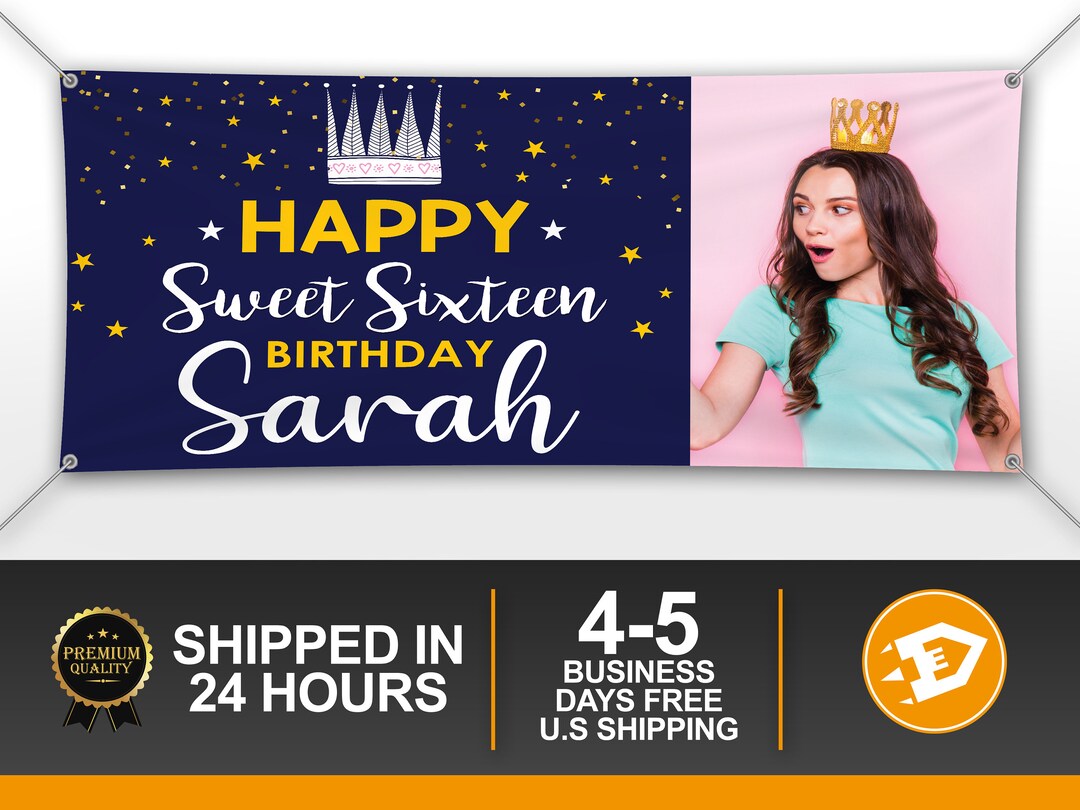 Sweet Sixteen Photo Birthday Banner, Pink Personalized Girl Party ...