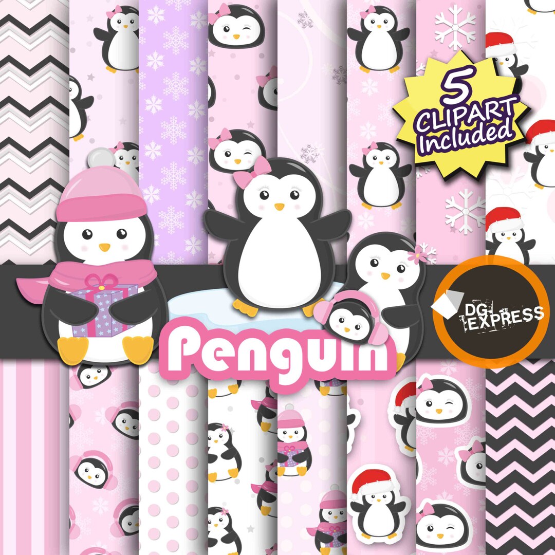 Penguin Digital Paper Pink + Clipart : "penguin Digital Paper ...