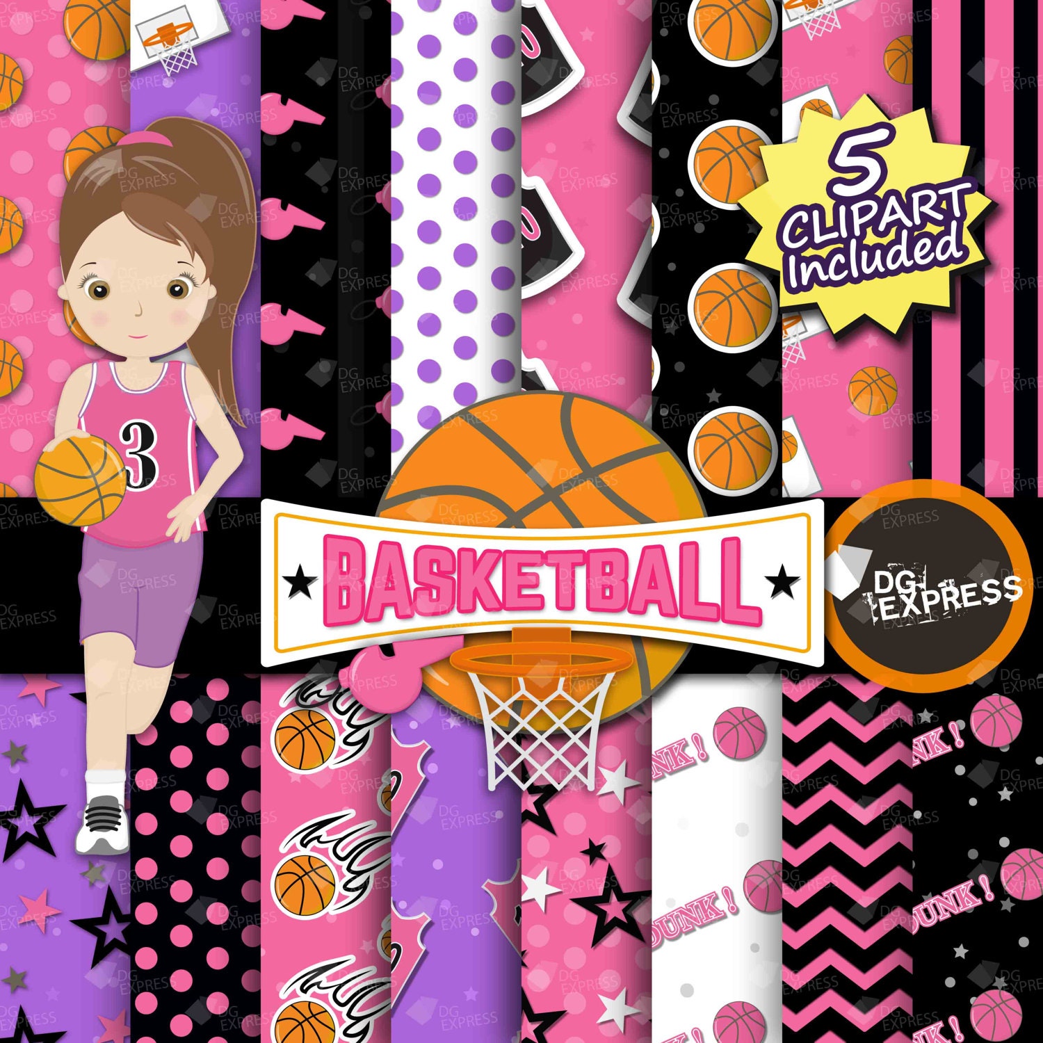 Basketball Girl Digital Paper + Clipart : "pink Basketball Paper ...