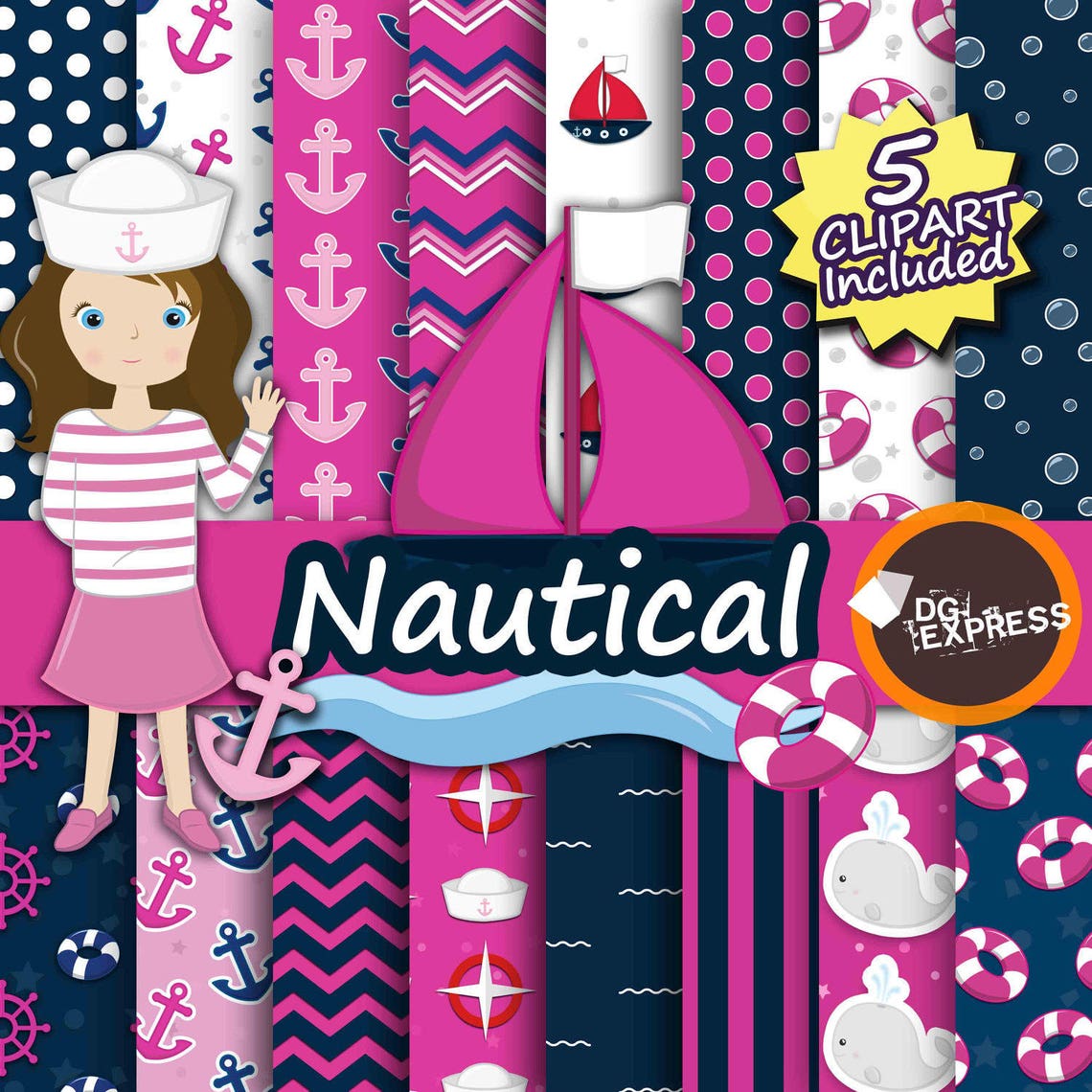 Nautical Pink Clipart Digital Paper : nautical Girl - Etsy