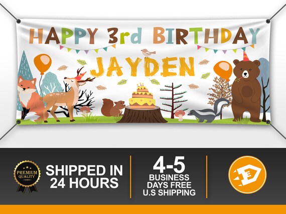 Woodland Animals Birthday Banner, Happy Birthday Animals Party ...