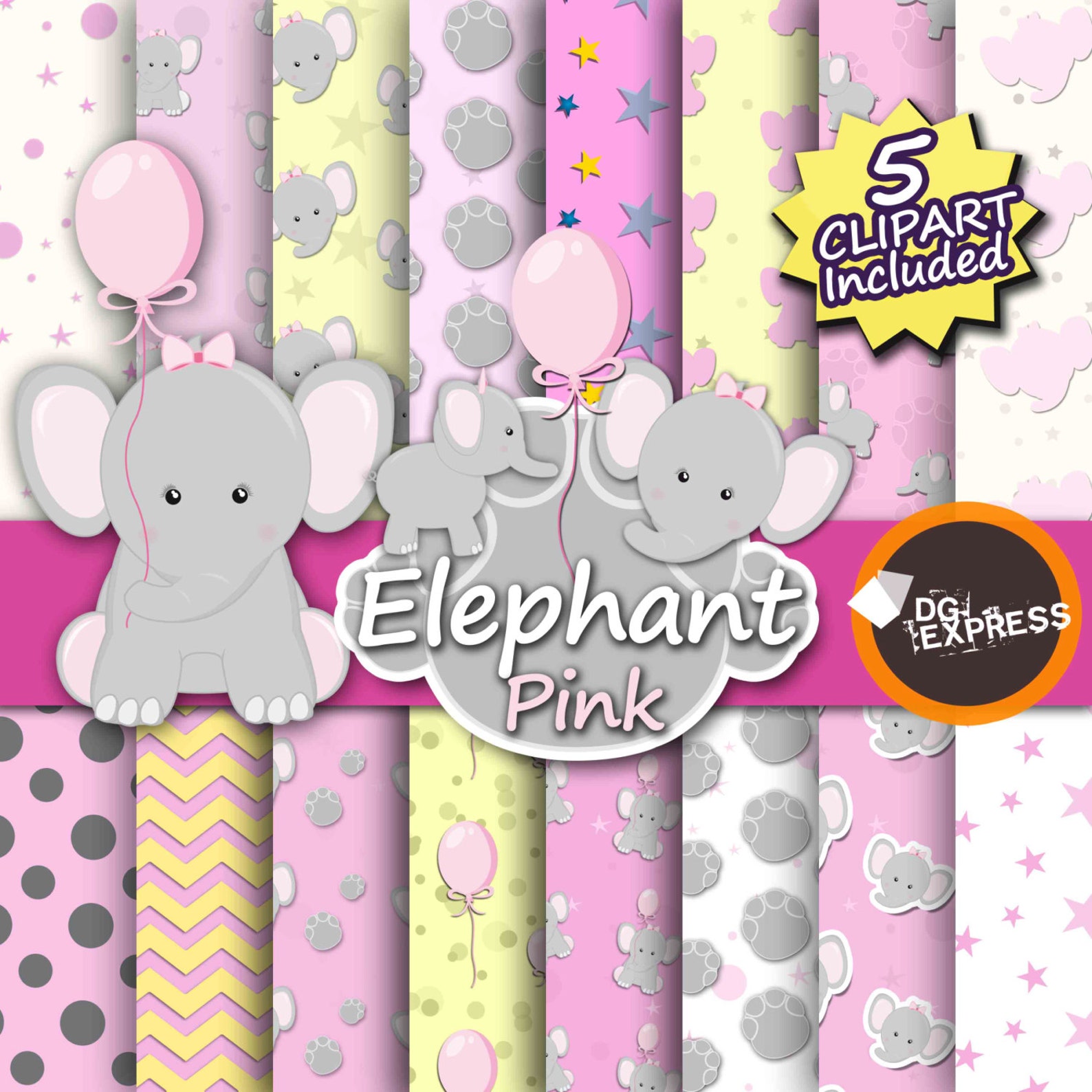 Elephant Pink Digital Paper Clipart Blue : elephant - Etsy