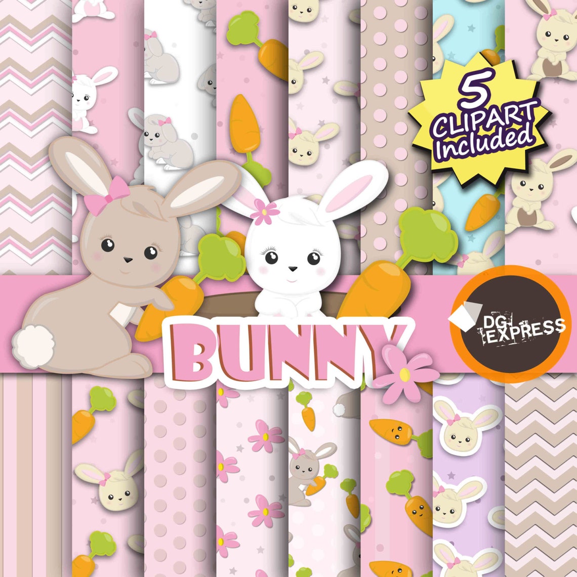 Bunny Digital Paper Clipart Pink : rabbit Digital | Etsy
