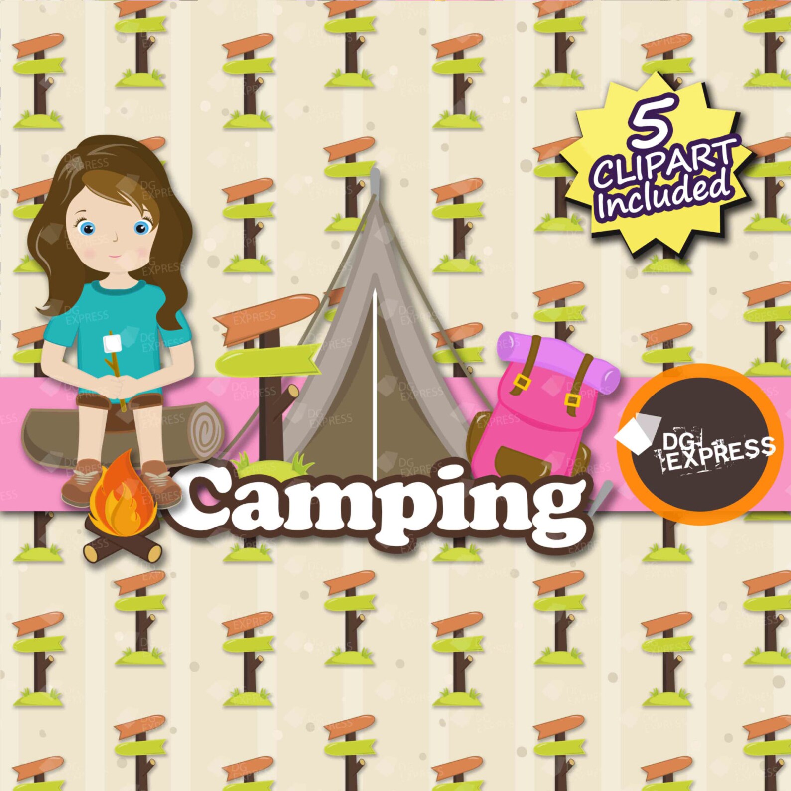 Camping Digital Paper Clipart Girl : camping Girl - Etsy