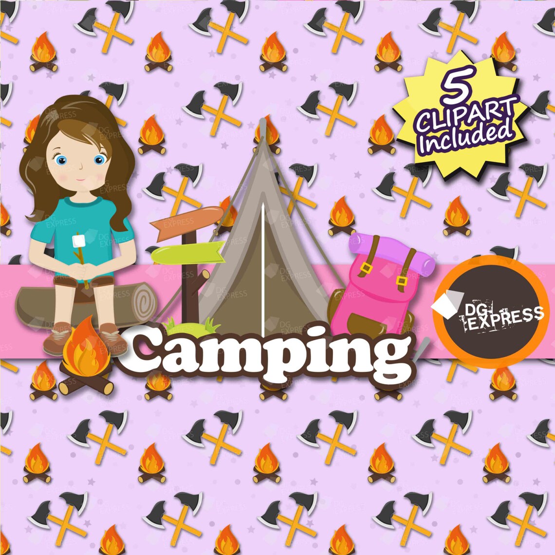 Camping Digital Paper Clipart Girl : camping Girl - Etsy