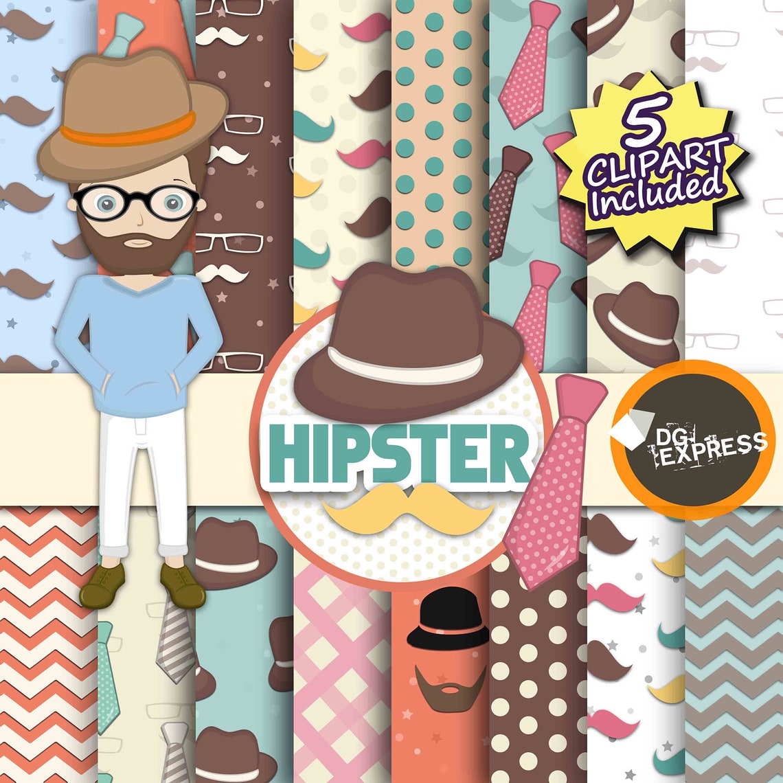 Hipster Clipart Digital Paper : hipster Digital | Etsy