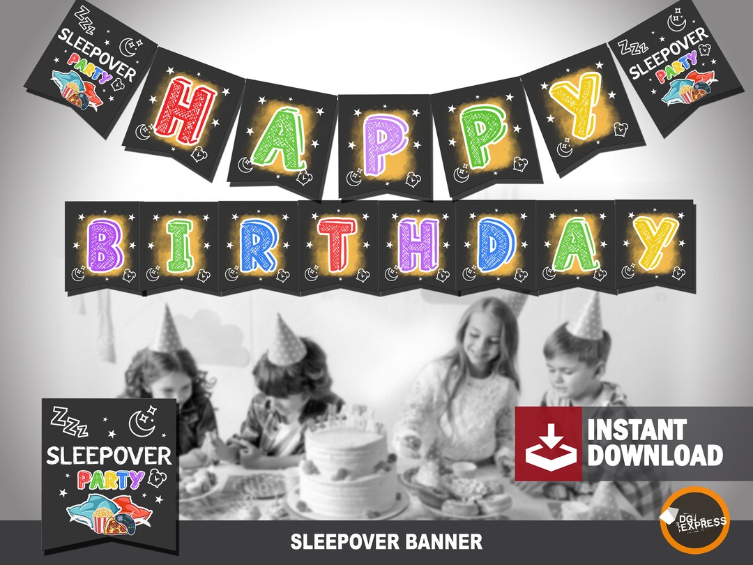 Sleepover Birthday Banner - "happy BIRTHDAY Printable Banner" Slumber ...