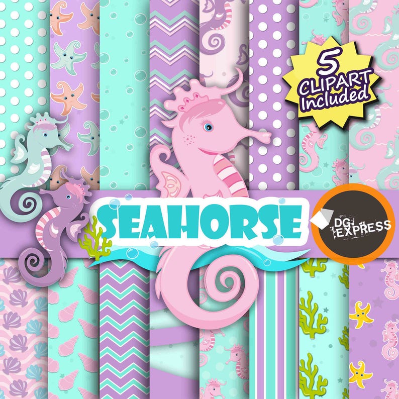 Seahorse Clipart Digital Paper : seahorse Digital | Etsy