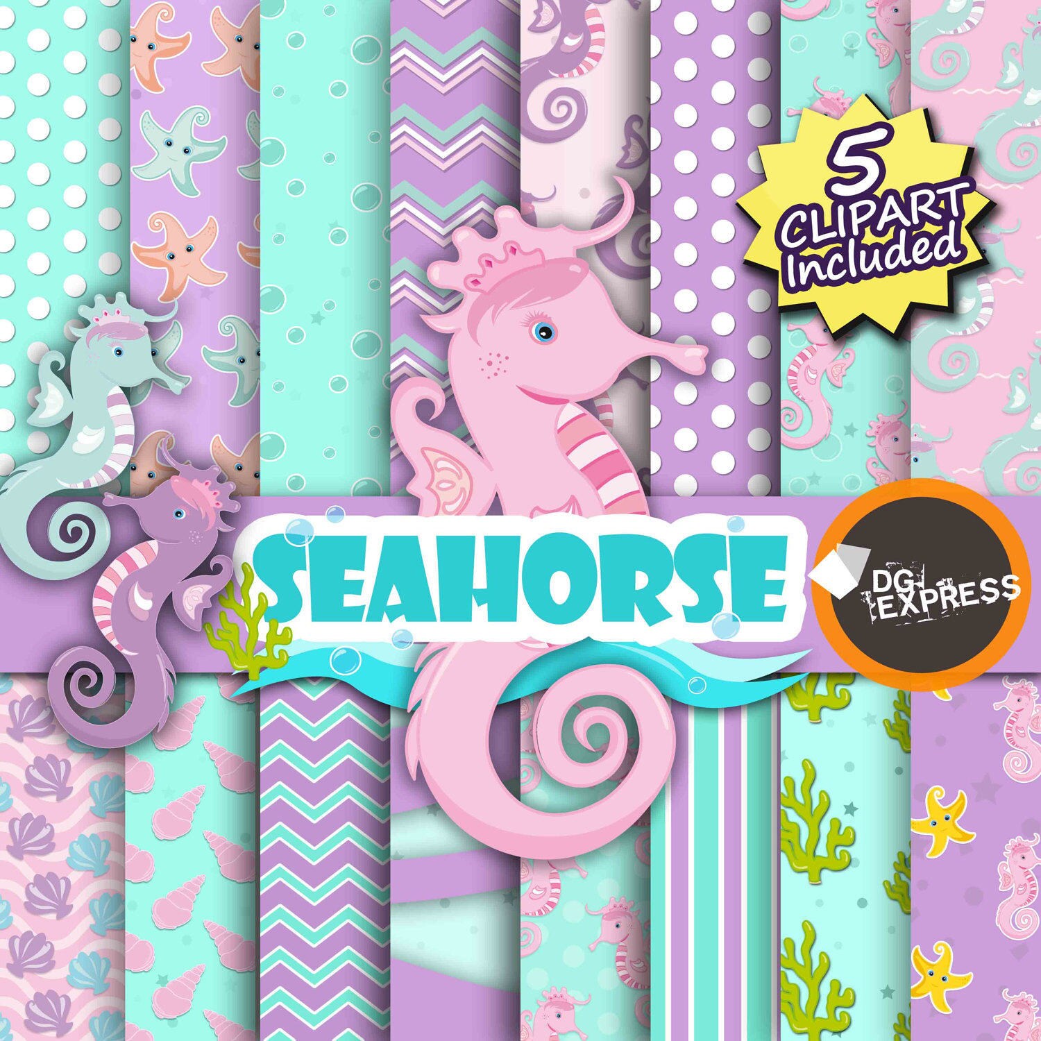 Seahorse Clipart Digital Paper : seahorse Digital | Etsy