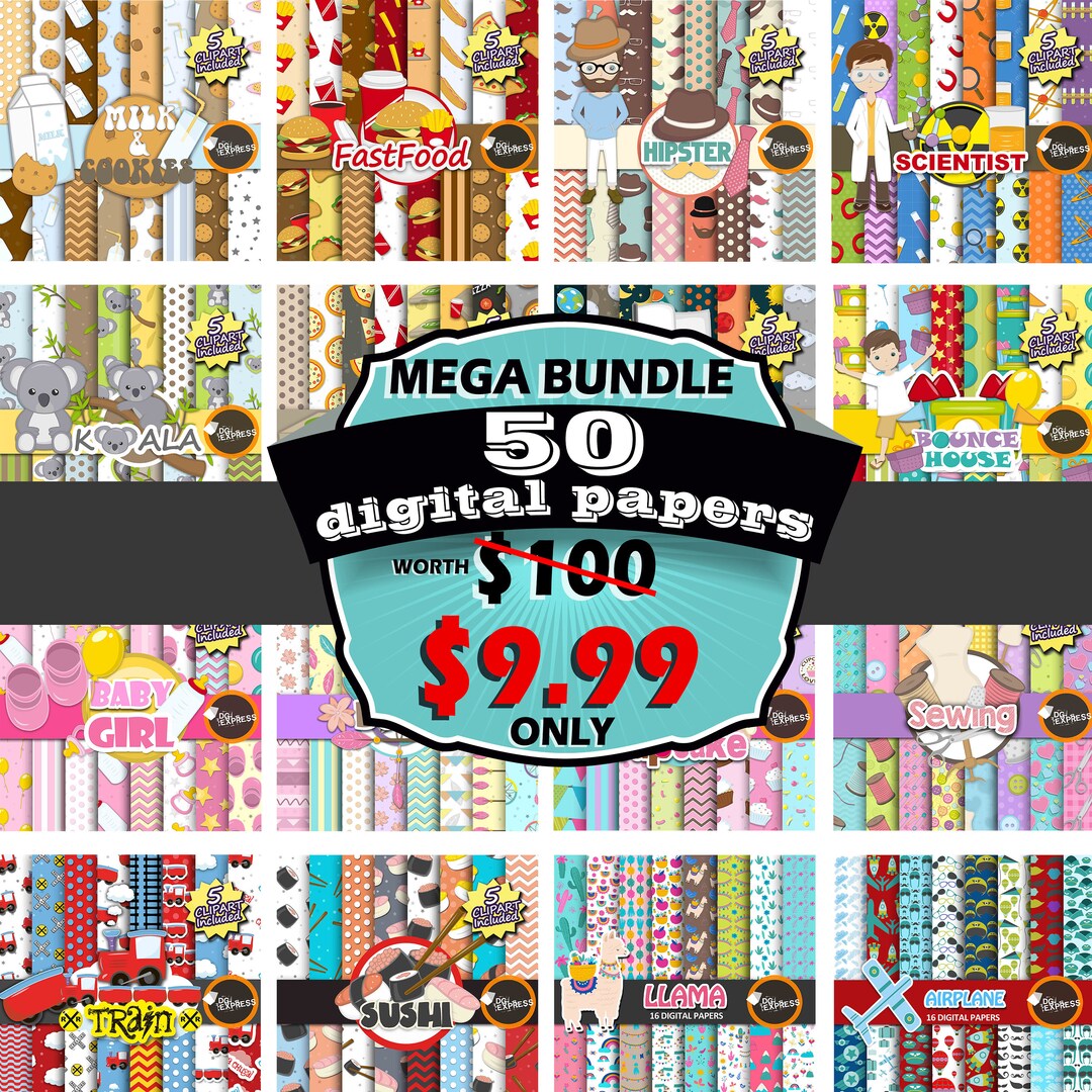 Bundle 50 Digital Paper + More Than 200 Clipart Bundle : "mega Digital ...
