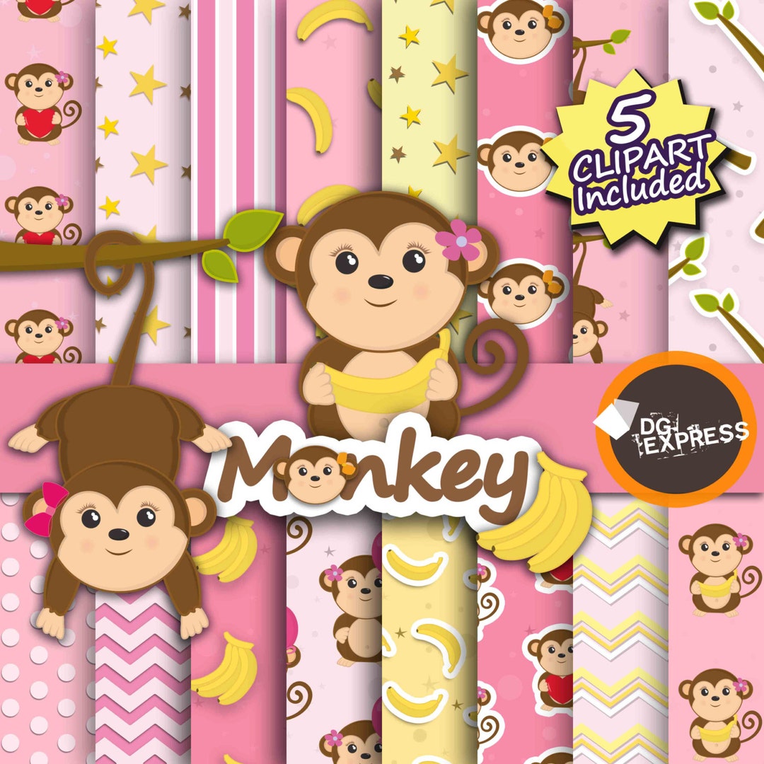 Monkey Girl Digital Paper + Clipart : "pink Monkey Digital Paper ...