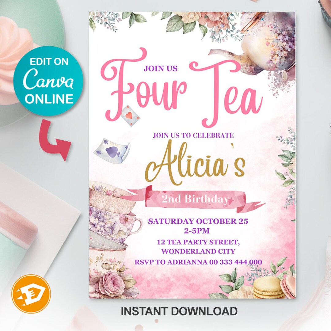 Time Four Tea Party 4th Birthday Invitation for Girls - Tea Time ...