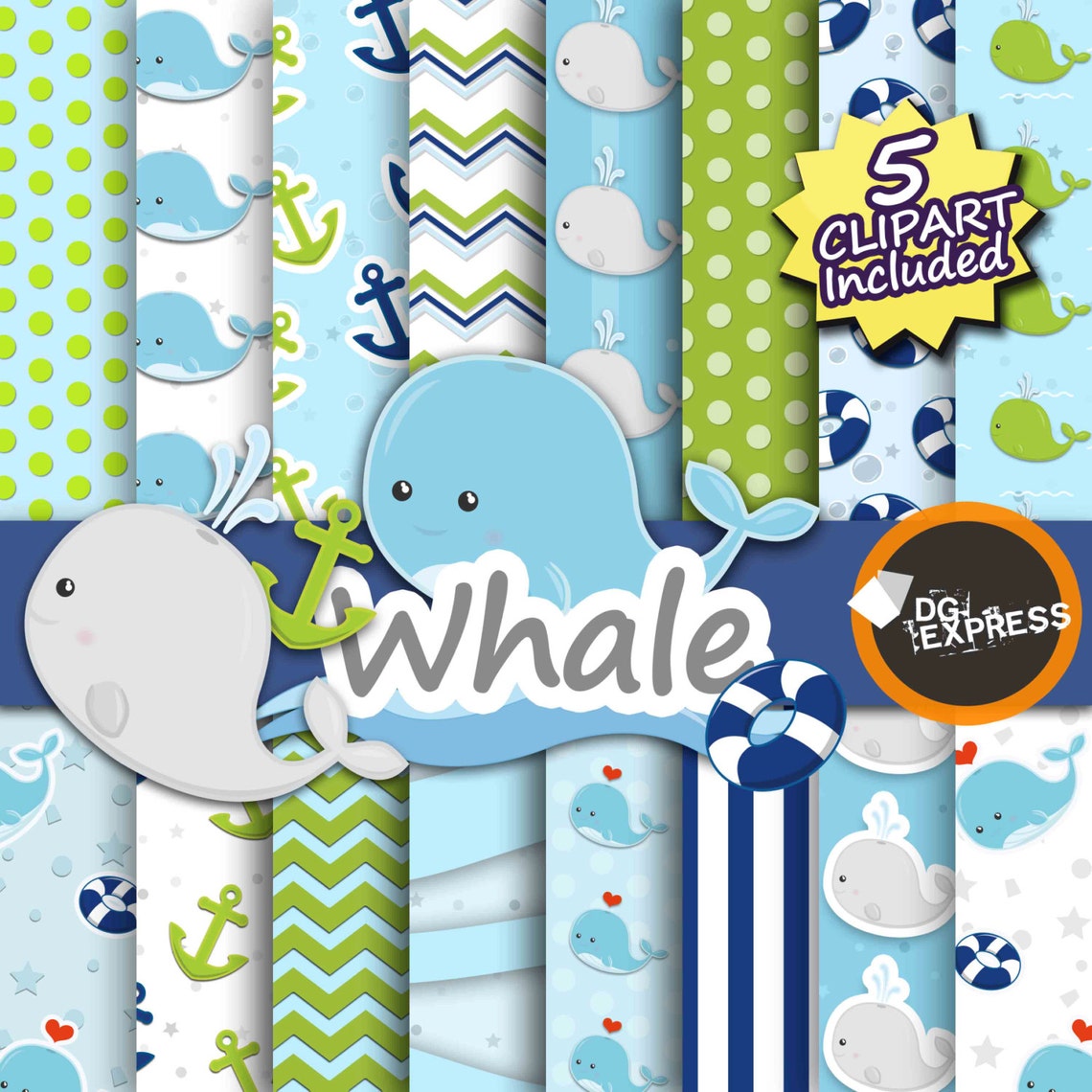 Whale Digital Paper Clipart : whale Digital - Etsy