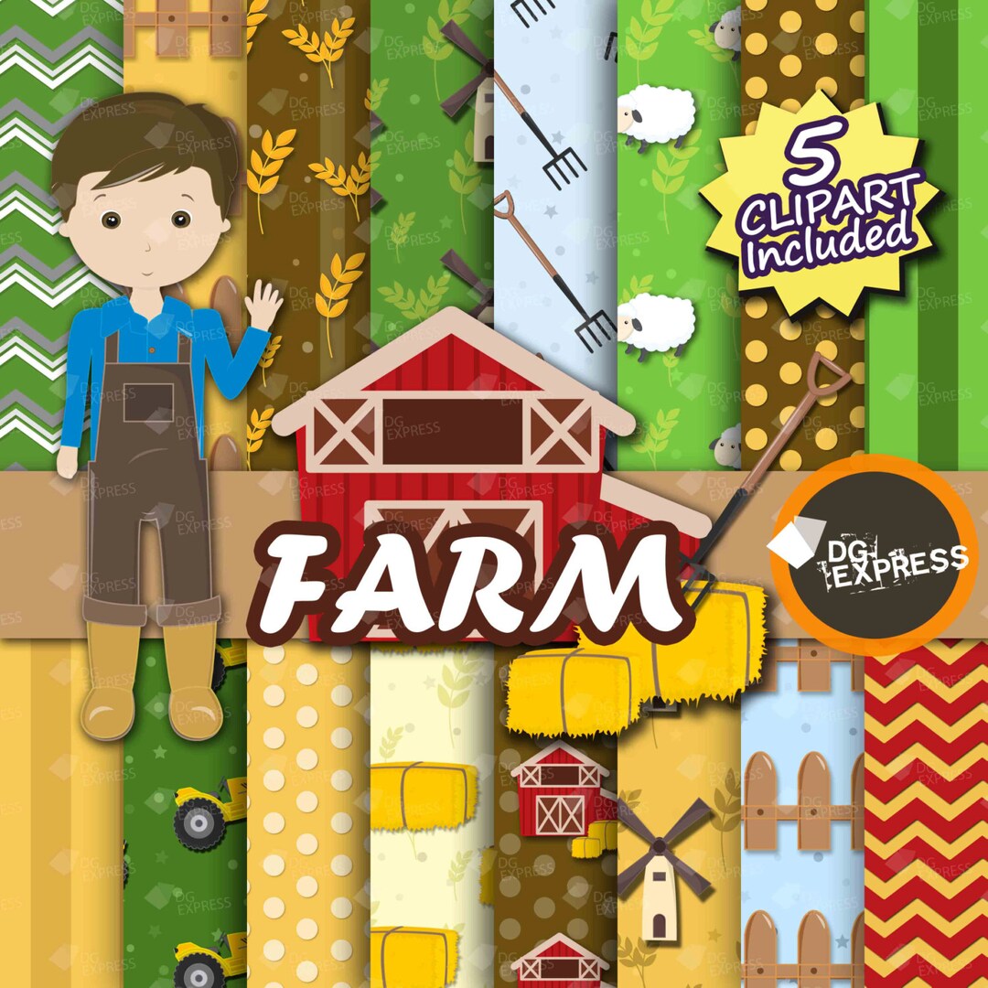 SALE Farm Digital Paper + Clipart : "farm Paper"- Farmer Clipart, Farm ...