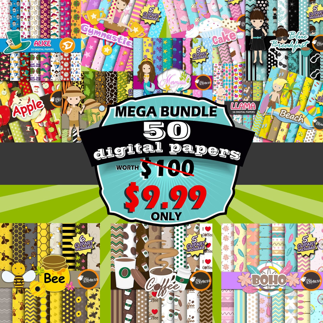 Mega 50 Digital Paper Bundle + More Than 200 Clipart Bundle : "digital ...