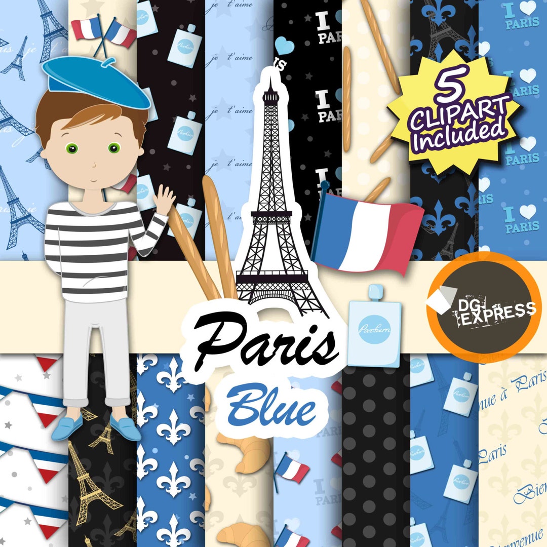 SALE Blue Paris Digital Paper + Clipart : "french Paper"- France ...