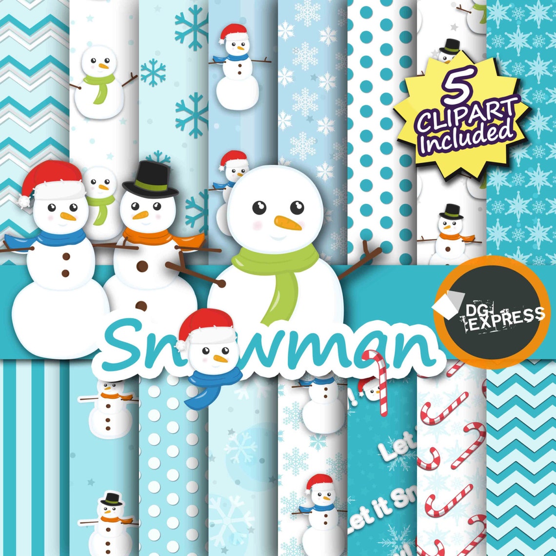 Snowman Digital Paper Clipart : kawaii Snowman Digital - Etsy