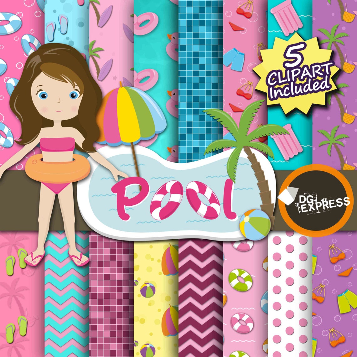 Pool Party Digital Paper Clipart : pool Party Girl | Etsy