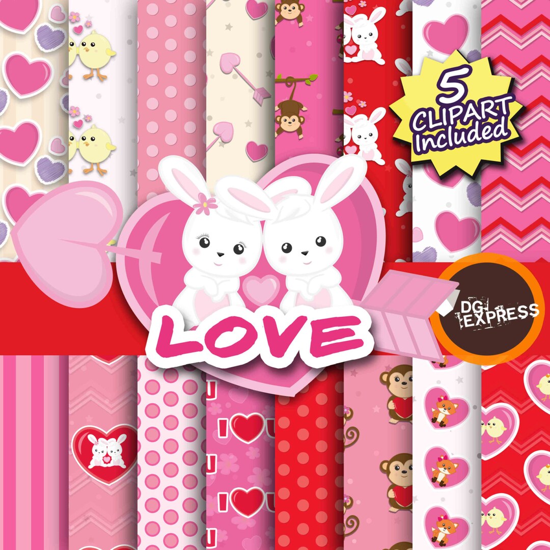 Valentine Digital Paper + Clipart : "valentine Animals Paper"- Animal ...