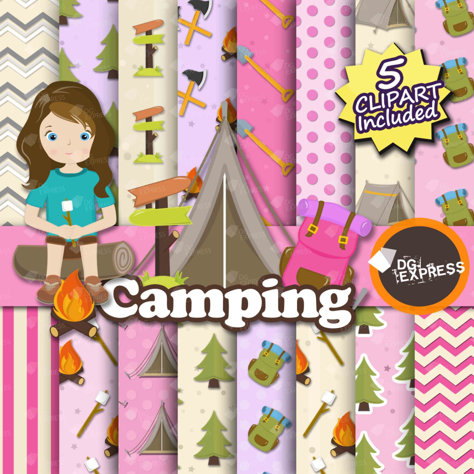 Camping Digital Paper Clipart Girl : camping Girl - Etsy