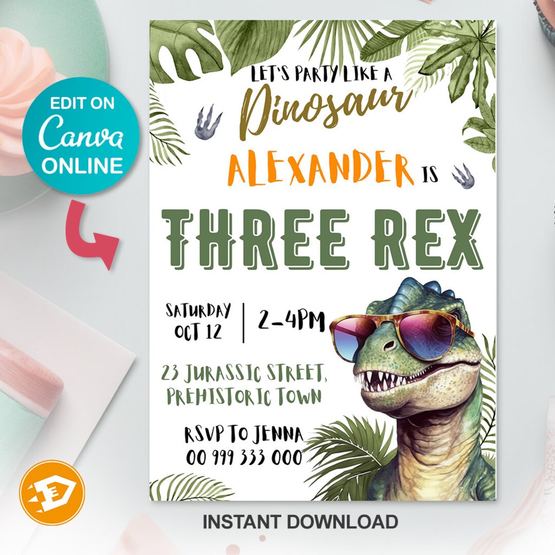 Three Rex Birthday Invitation - Dinosaur Birthday Digital Invite ...