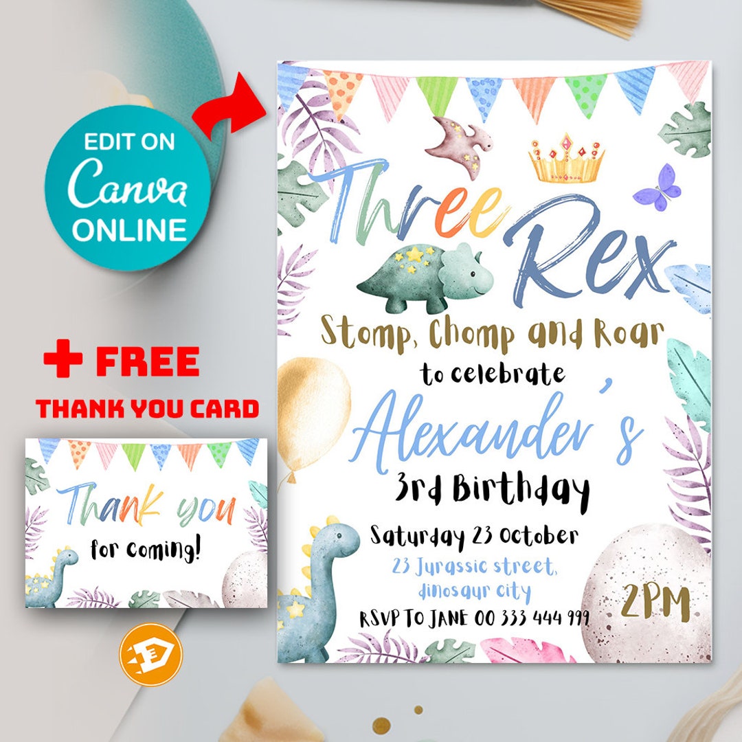 Three Rex Birthday Invitation Dinosaur Birthday Digital - Etsy