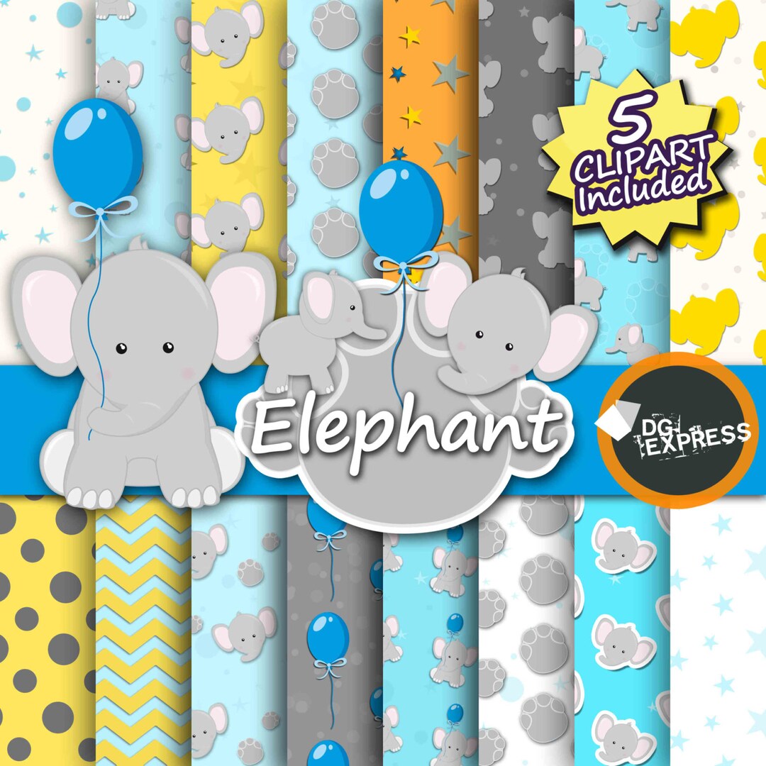 Elephant Digital Paper + Clipart - Blue : "elephant Digital Paper ...