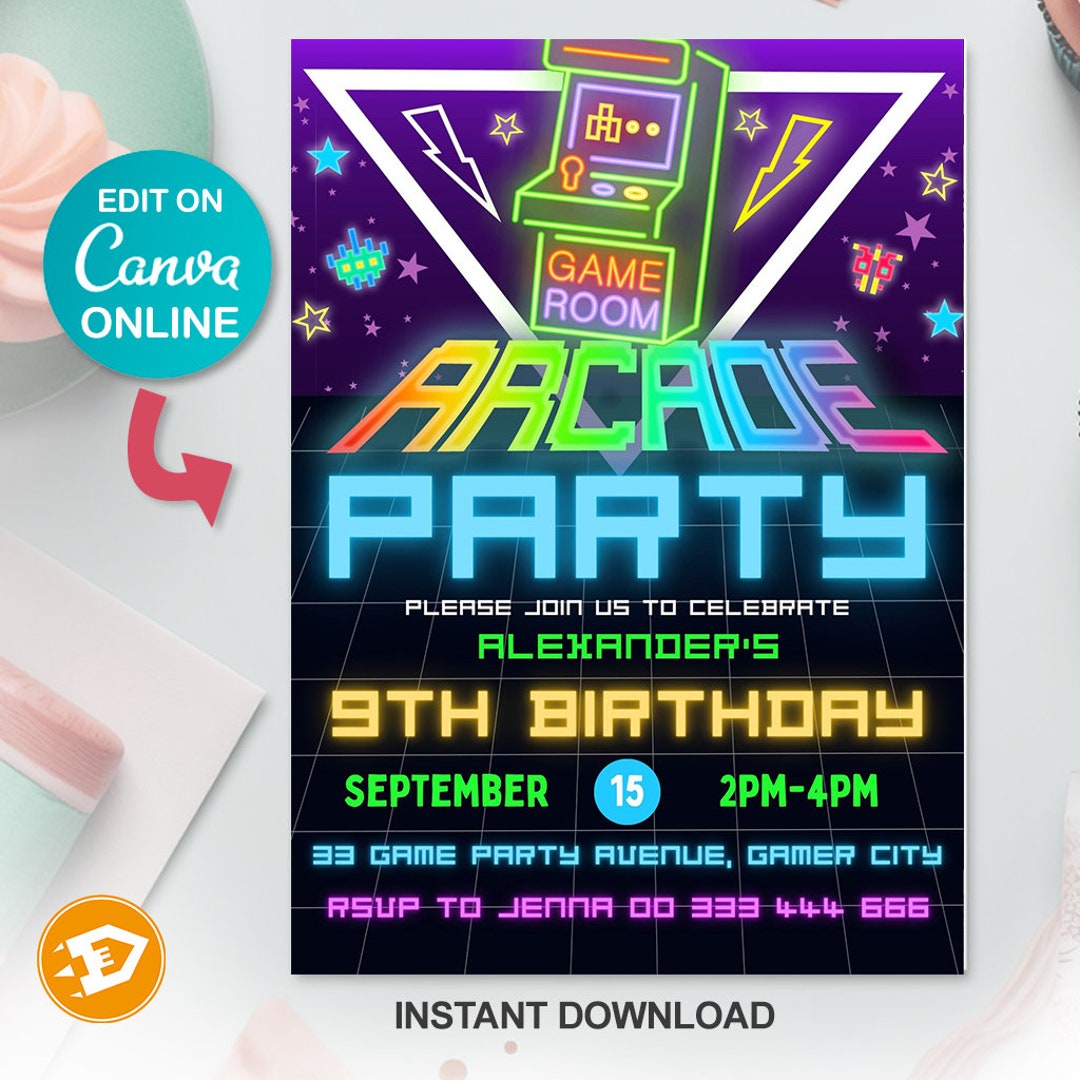 Arcade Birthday Invitation Gamer Birthday Digital Invite - Etsy