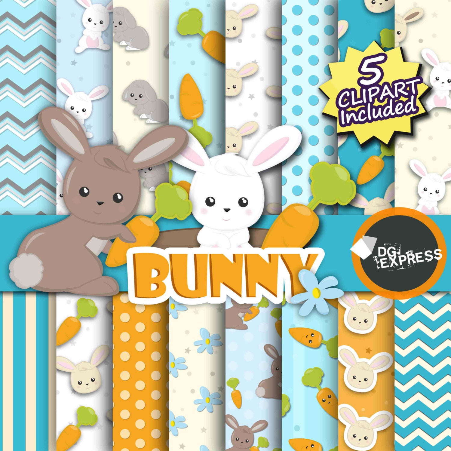 Bunny Digital Paper Clipart Blue: rabbit Digital - Etsy