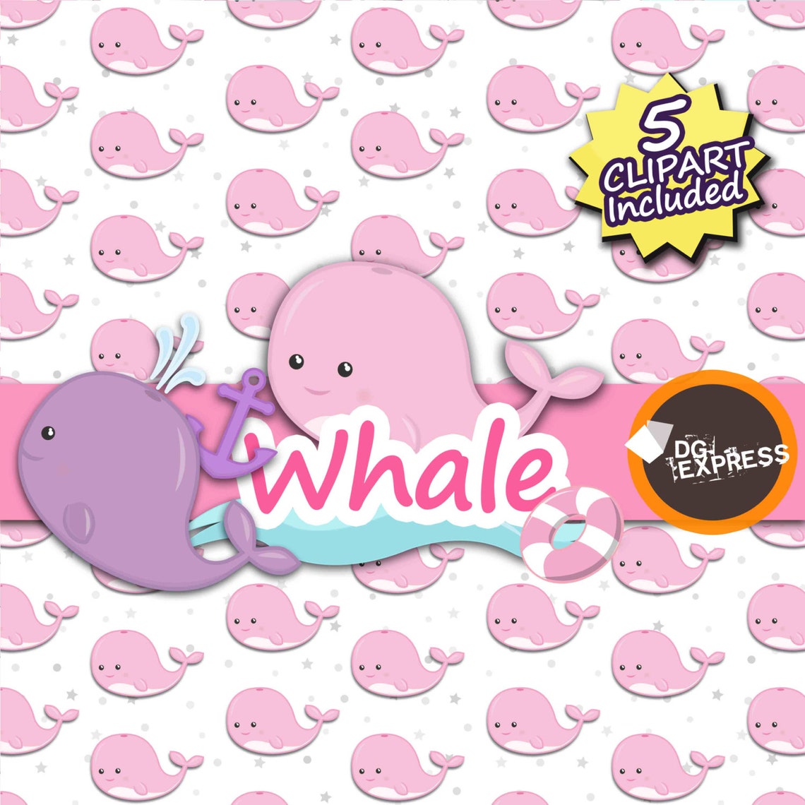 Whale Digital Paper Clipart Pink : whale Digital | Etsy