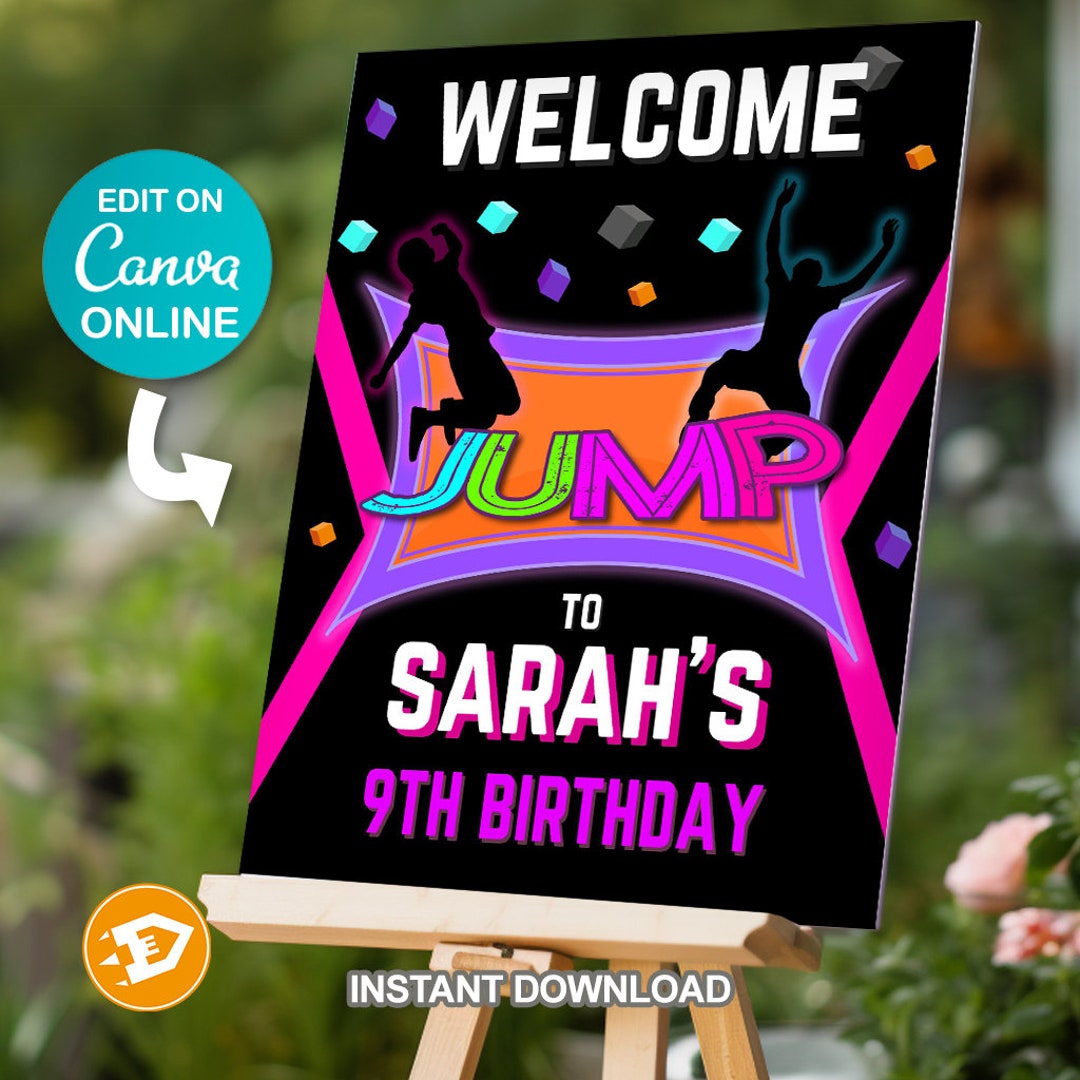 Jump Girl Party Welcome Sign Poster jumping Park Birthday Sign Jump ...
