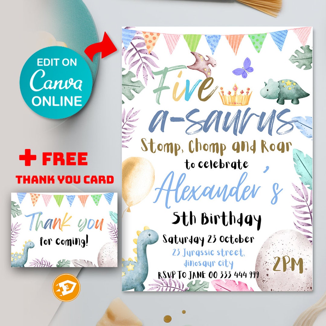 Five-a-saurus Birthday Invitation - Boy Dinosaur 5th Birthday Digital ...