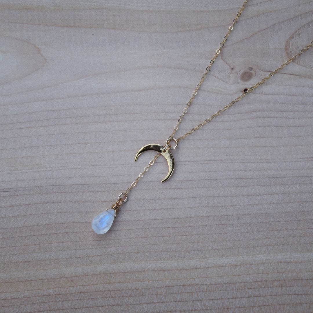 Moonstone Lariat Necklace, Gold Crescent Moon Charm, Dainty Chain - Etsy