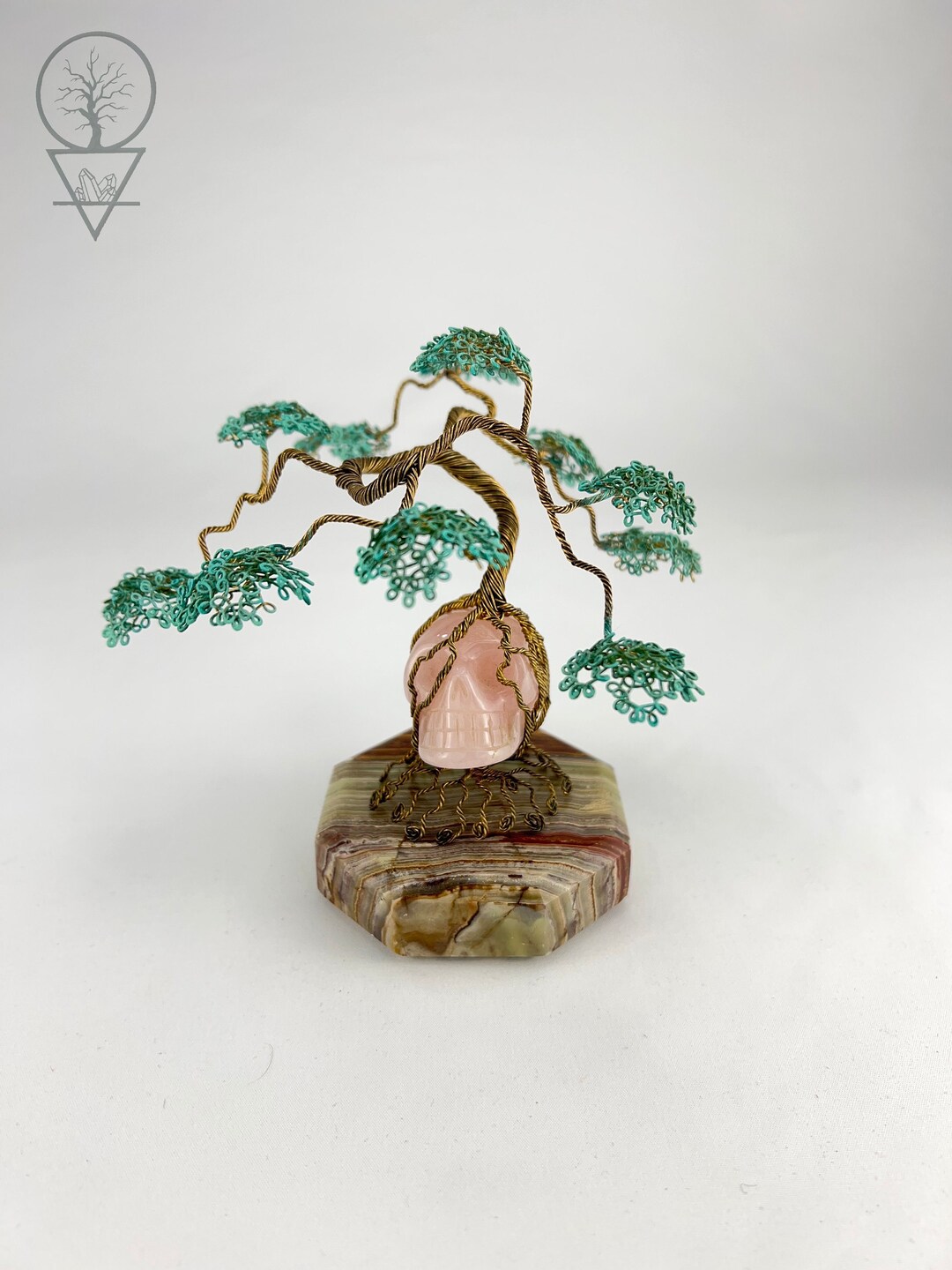 Rose Quartz Skull Wire Tree Sculpture Bonsai Tree Rose Quartz Crystal ...