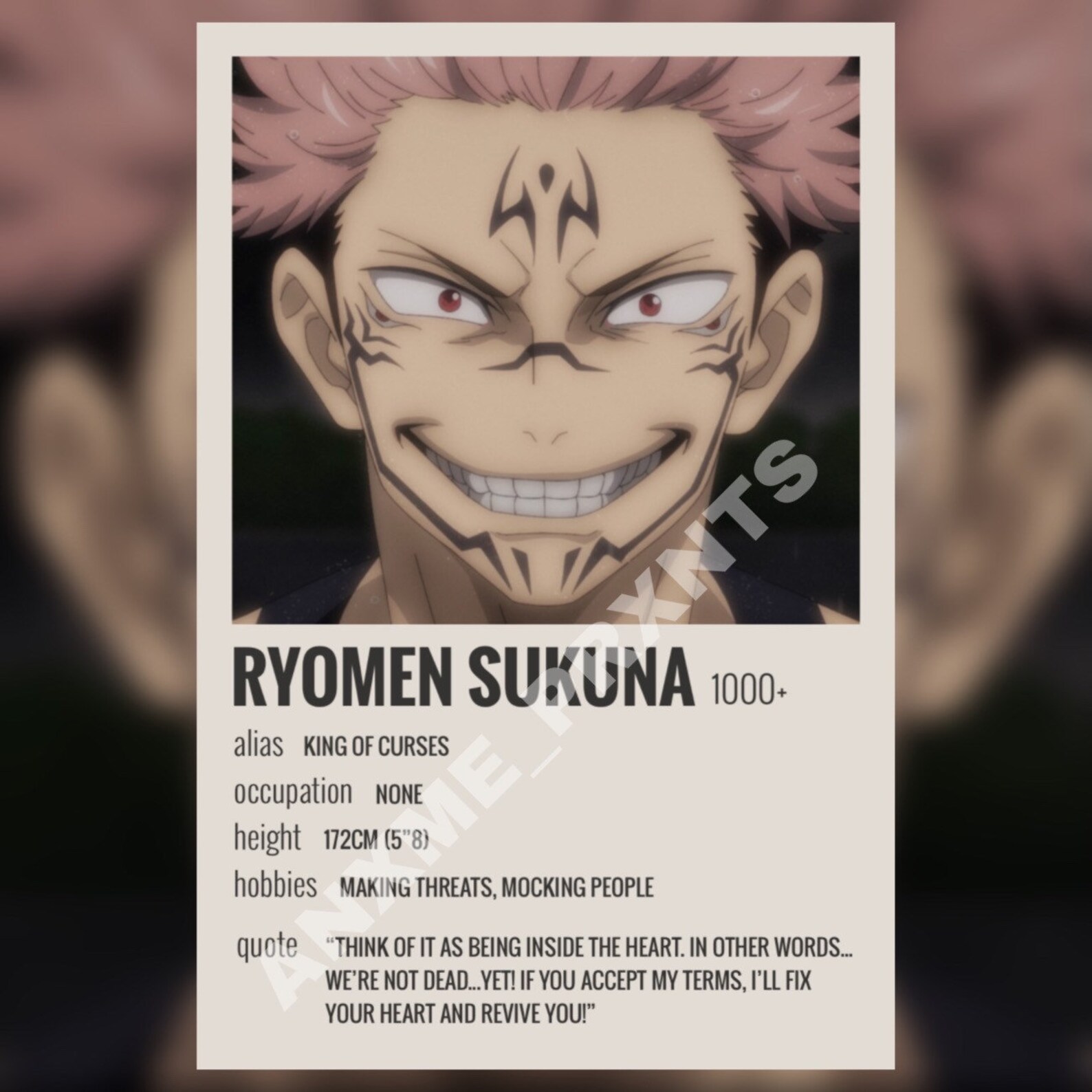 Ryomen Sukuna anime character profile minimalist poster print | Etsy