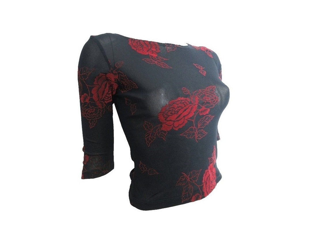 Vintage 90's Y2K Black Red Sheer Mesh Red Rose High Neck Goth Grunge ...