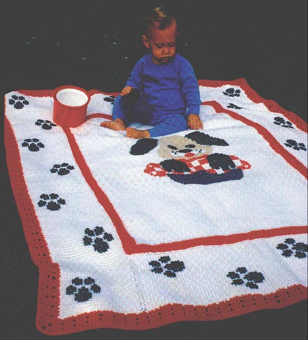 Vintage Crochet Pattern: Cross Stitch Puppy Dog & Paw Prints Baby ...
