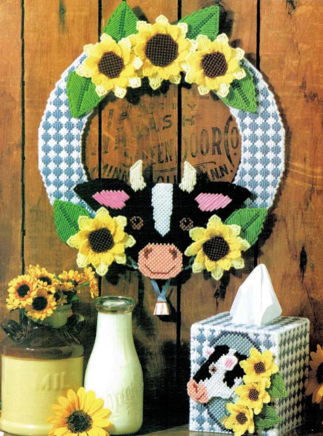 Vintage Plastic Canvas Pattern: Country Cow Wreath & Boutique Tissue ...