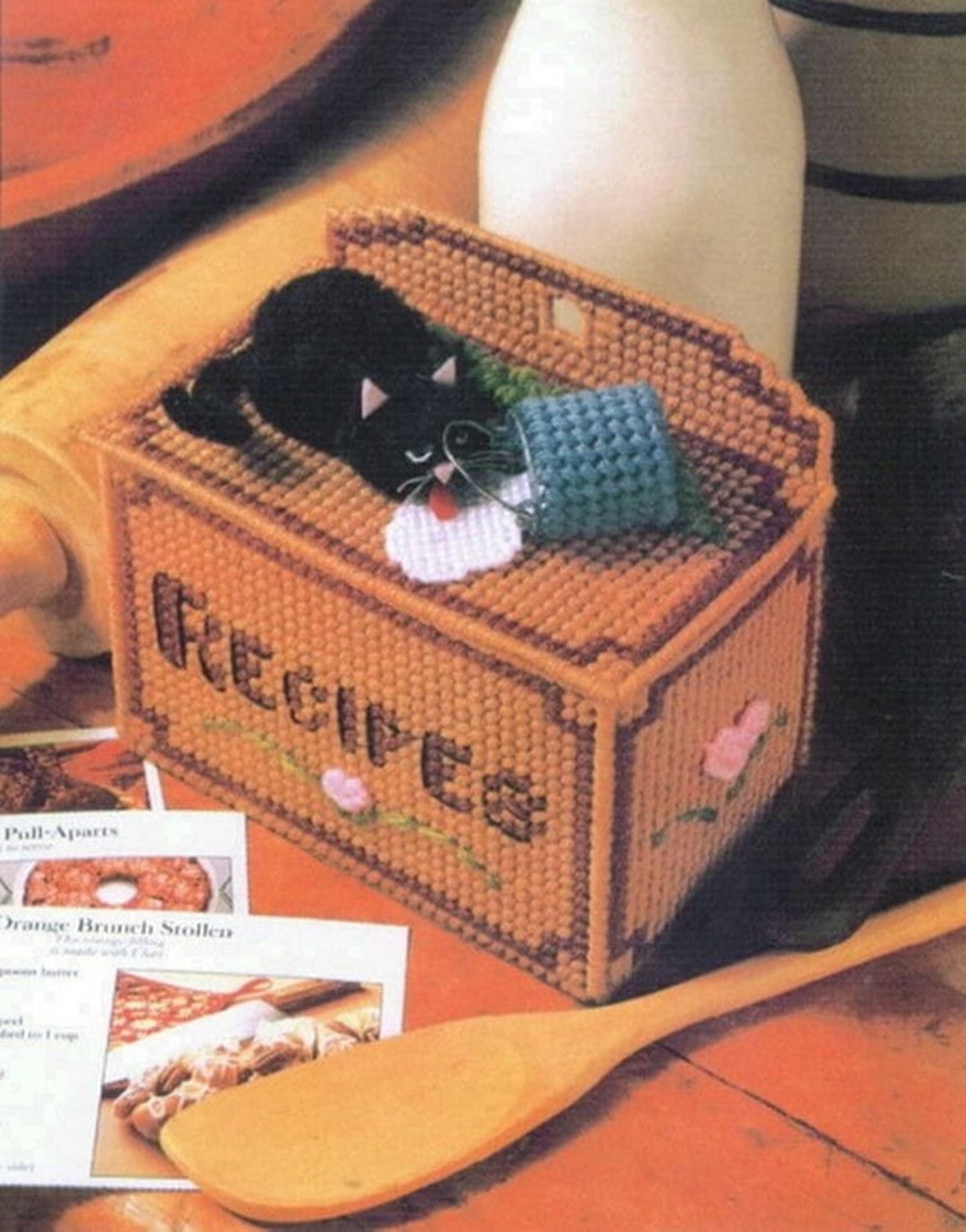 Vintage Plastic Canvas Pattern: Kitty Cat and Spilled Milk Recipe Box ...