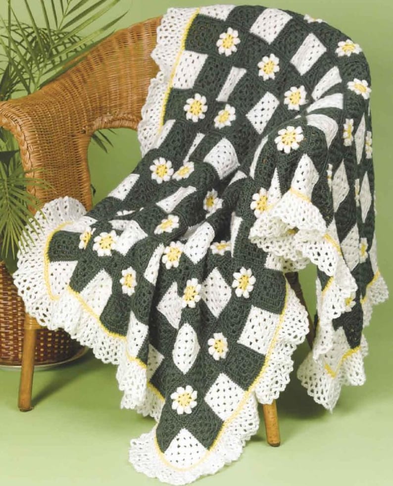 Vintage Crochet Pattern: Lacy Checkered Daisies Afghan Blanket ...