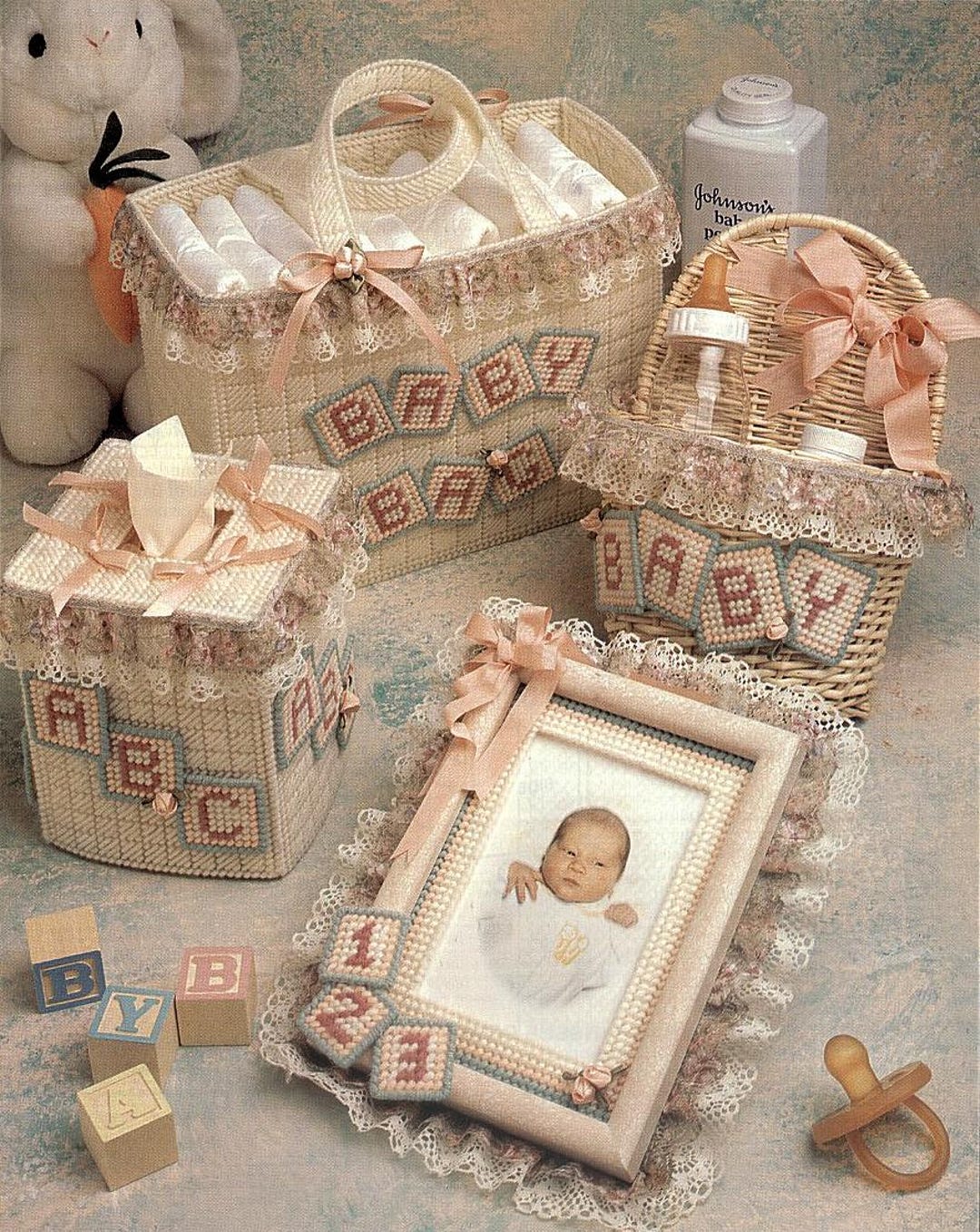 Vintage Plastic Canvas Pattern: Baby Blocks Photo Frame, Basket, Tote ...
