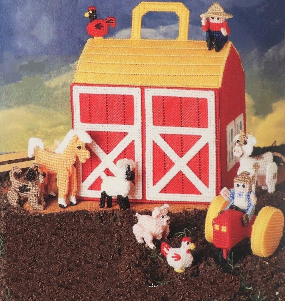 Vintage Plastic Canvas Pattern: Farm Play Set With Barn, Farmer and ...