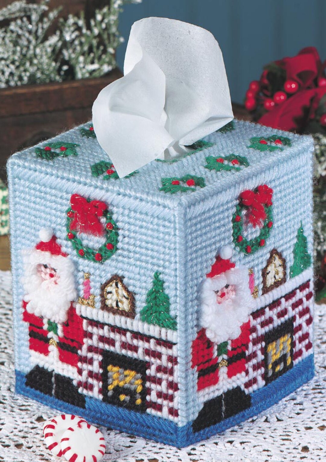 Vintage Plastic Canvas Pattern: Christmas Santa Tissue Box Cover ...