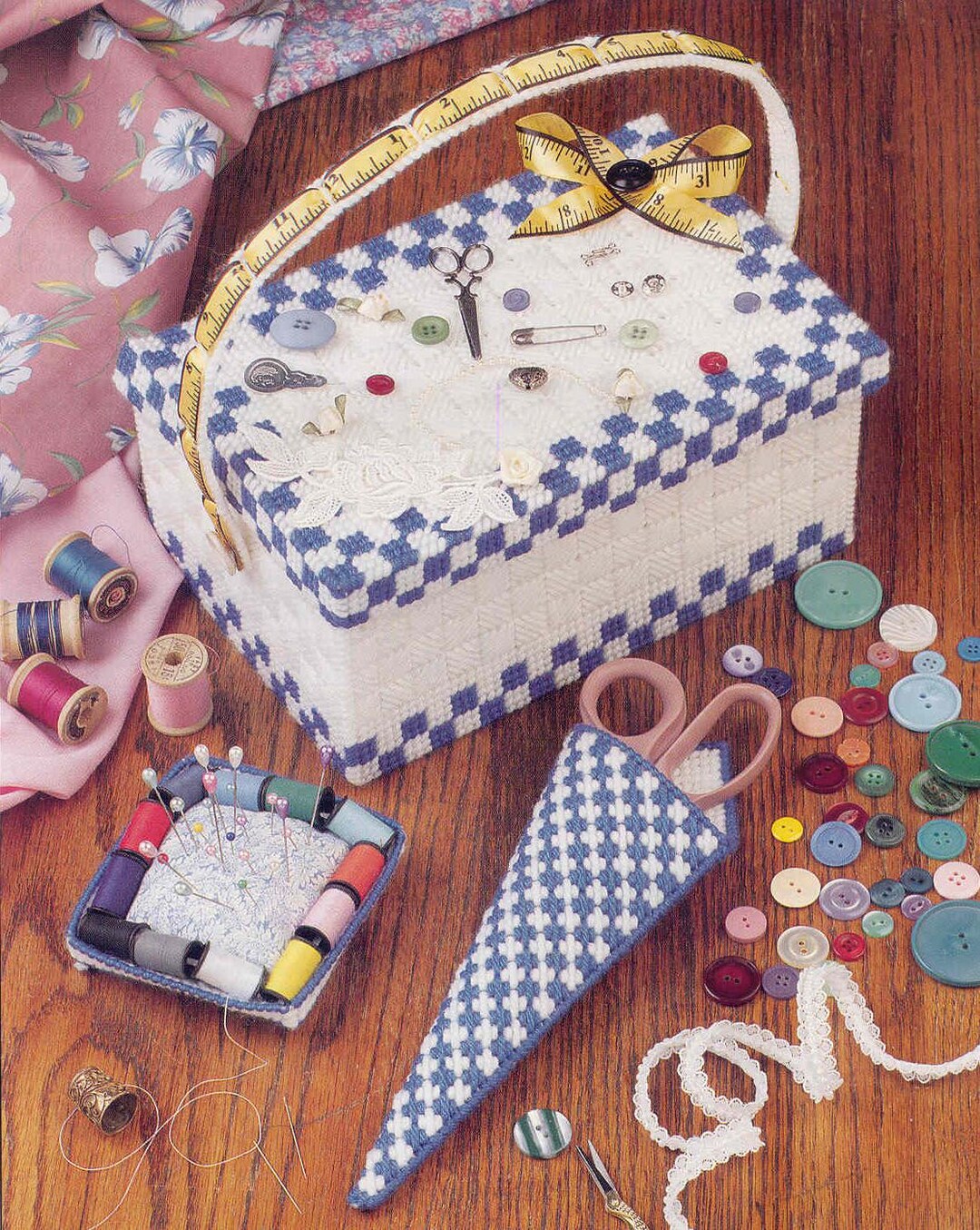 Vintage Plastic Canvas Pattern: Checkered Craft / Sewing Basket With ...