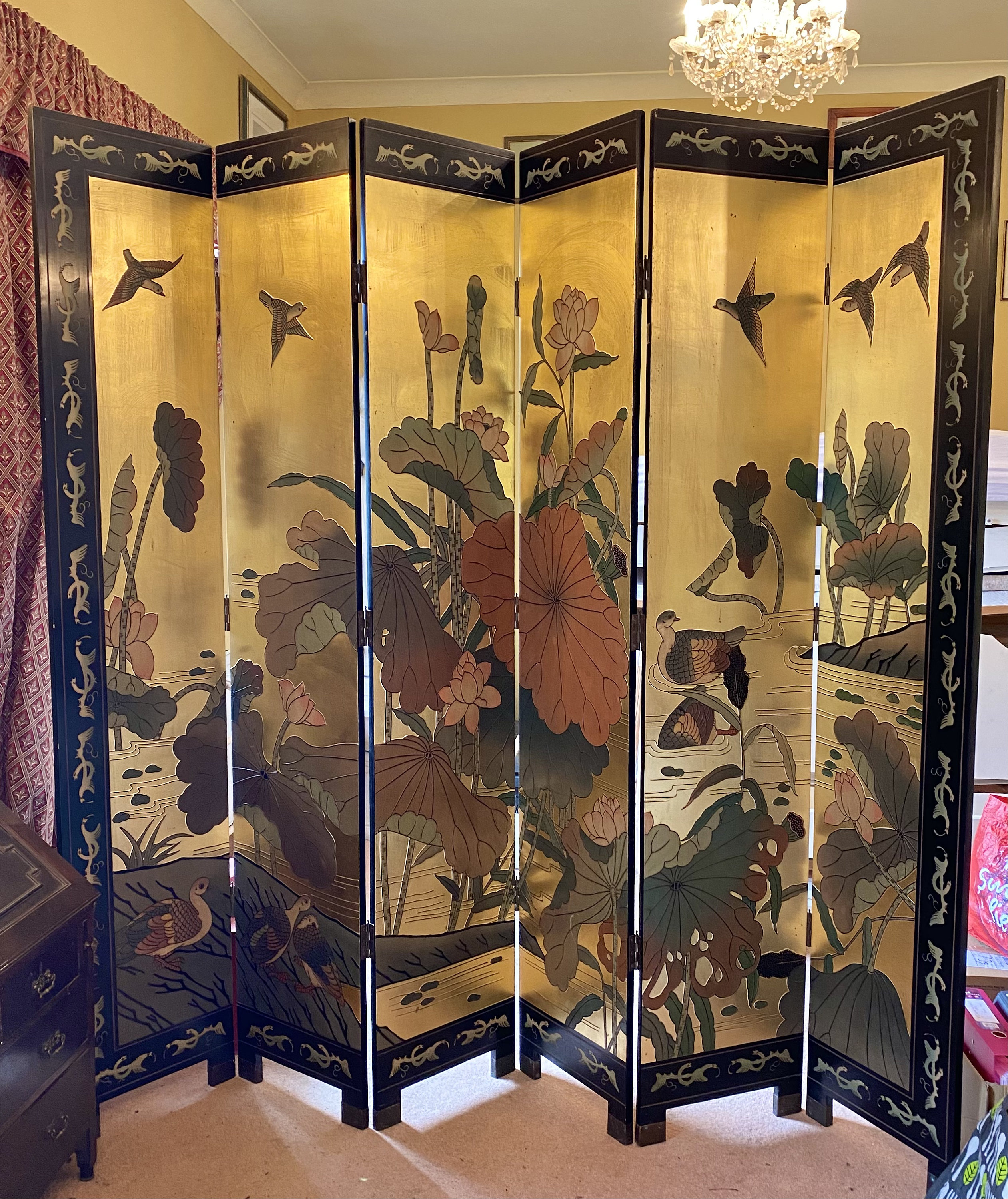 Vintage Chinese Oriental six piece folding screen room divider, black ...