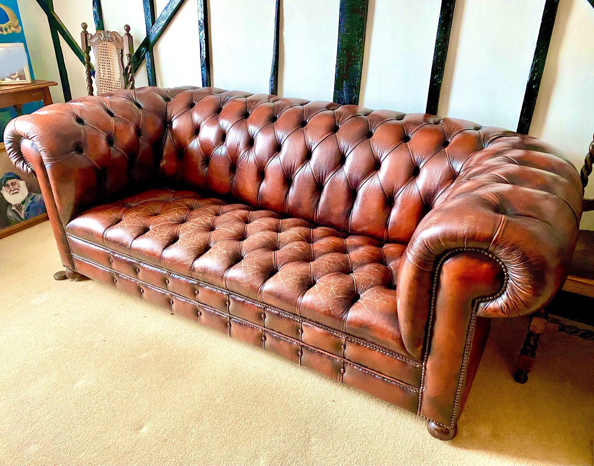 Antique Chesterfield tan leather three seater sofa — My Vintage Market ...