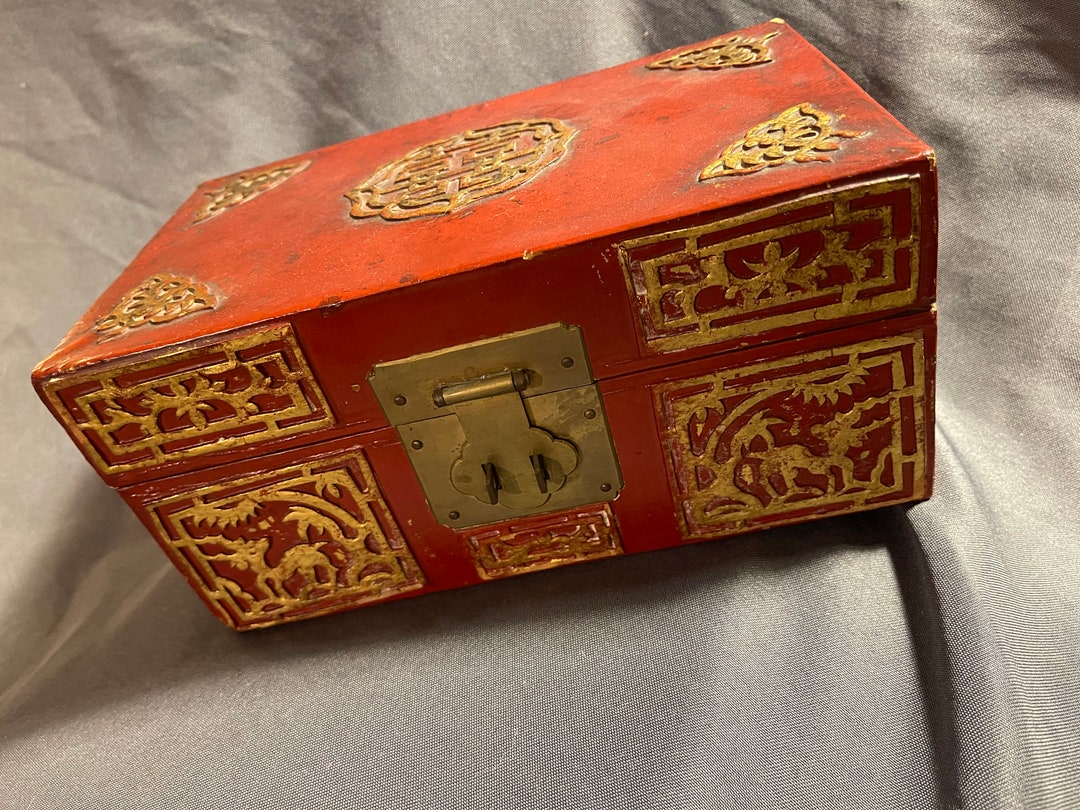 Antique Chinese Red Lacquer Leather Embellished Box - Etsy